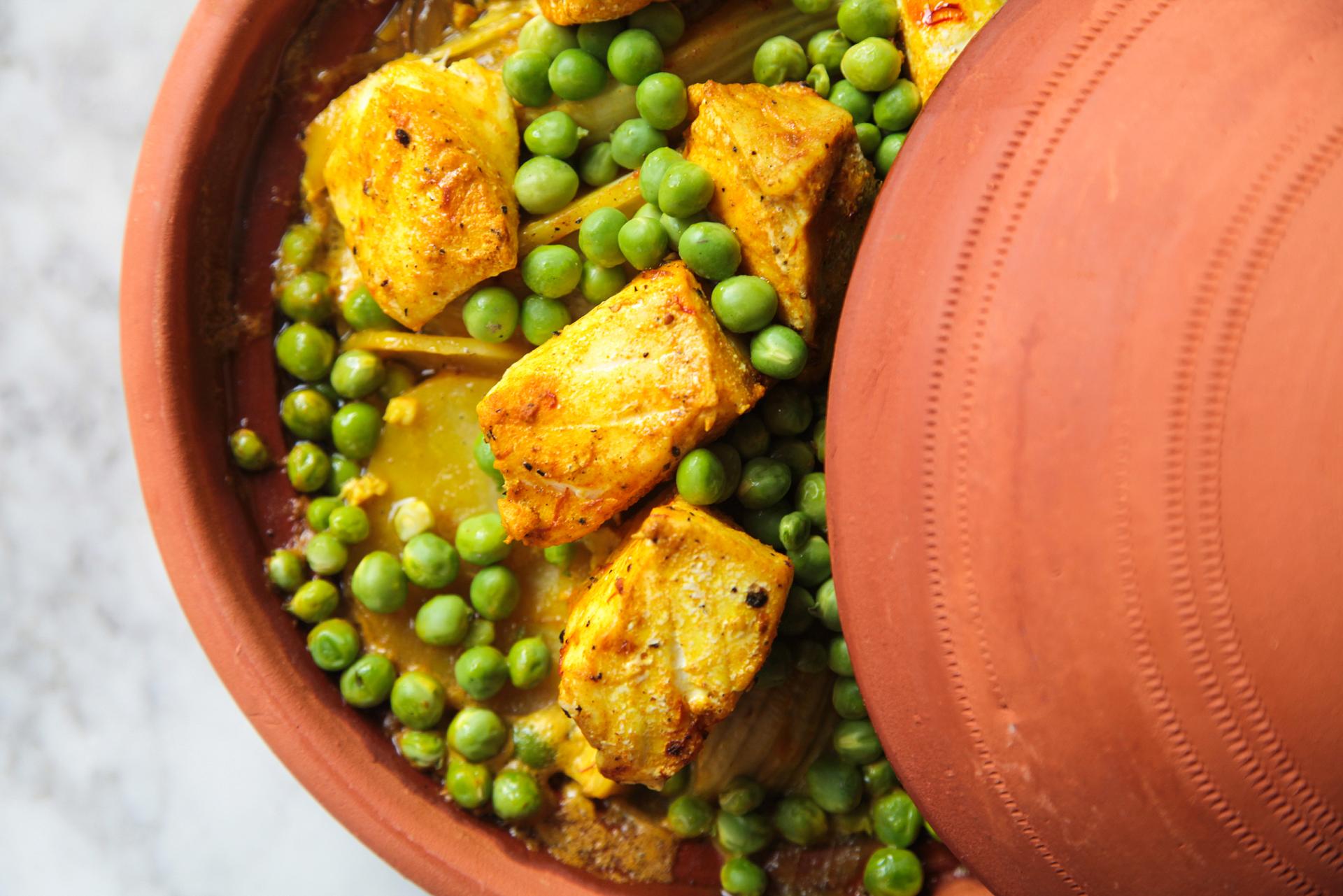 sea bass tagine with fennel peas and potatoes